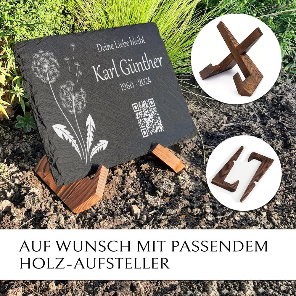 Kleiner Grabstein inkl. QR Code & Pusteblume Gravur.